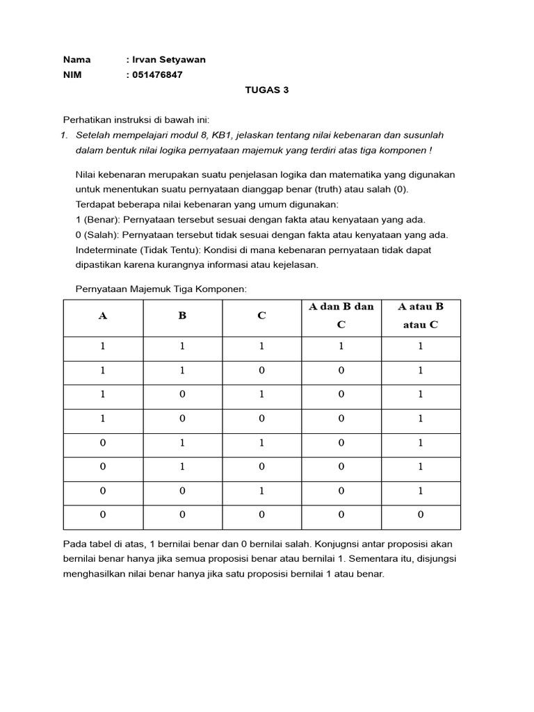 Tugas 3 - Irvan Setyawan - Logika | PDF