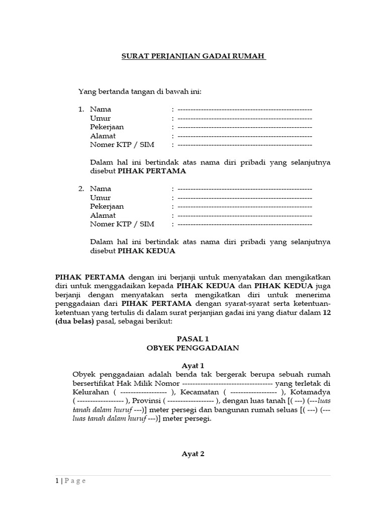 Contoh Surat Perjanjian Gadai | PDF
