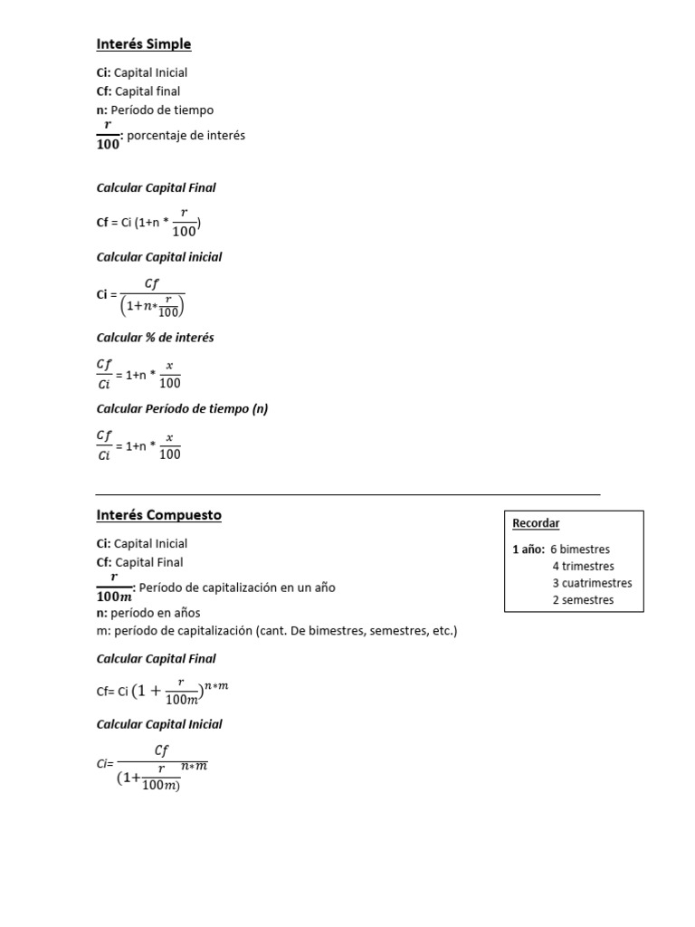 Formulario Interés Simple-Compuesto | PDF | Finanzas y dinero
