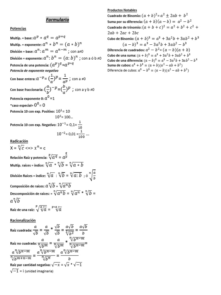 Formulario Matematica | PDF | Exponenciación | Factorización