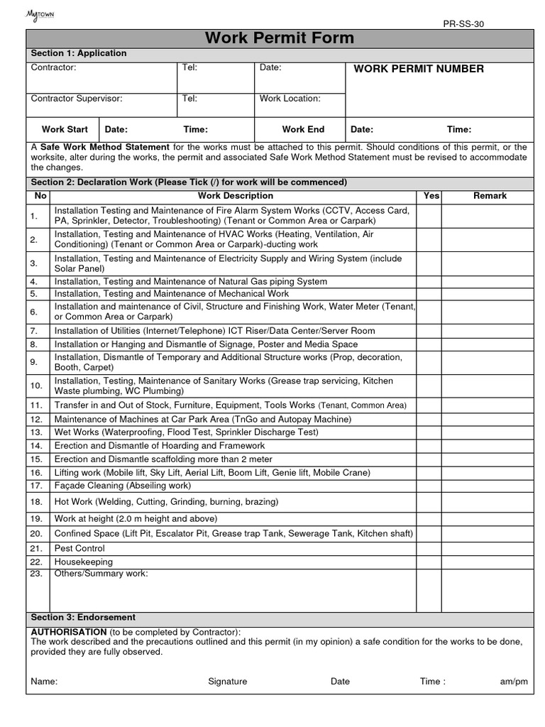 Comprehensive Work Permit Form | PDF | Civil Engineering | Building ...