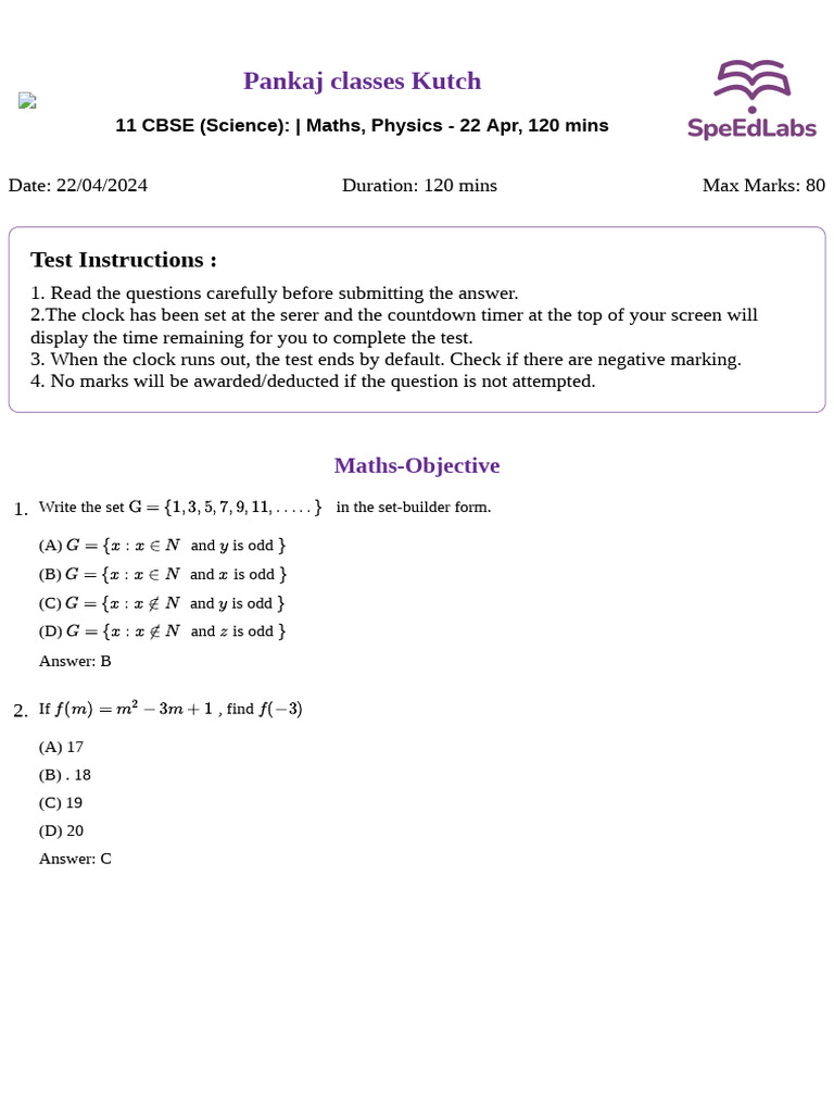 Pankaj Classes Kutch: Test Instructions | PDF | Force | Tension (Physics)