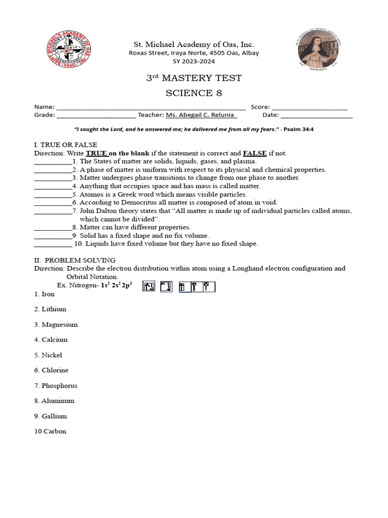 Science 8 Mastery Test 2023-24 | PDF | Matter | Atoms