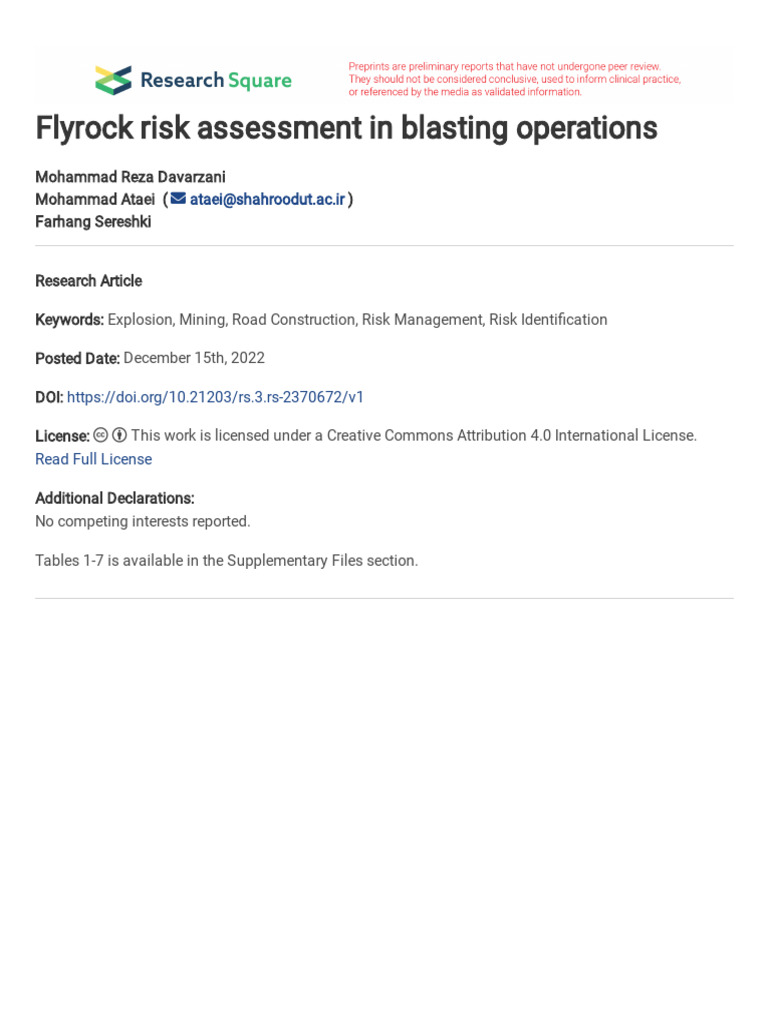 Flyrock Risk Assessment In Blasting Operations Pdf Risk Risk Management