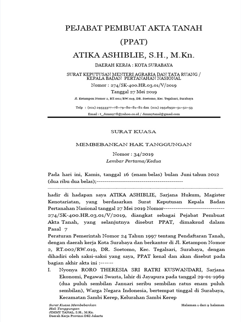 PDF Contoh Akta Surat Kuasa Membebankan Hak Tanggungan SKMHT | PDF