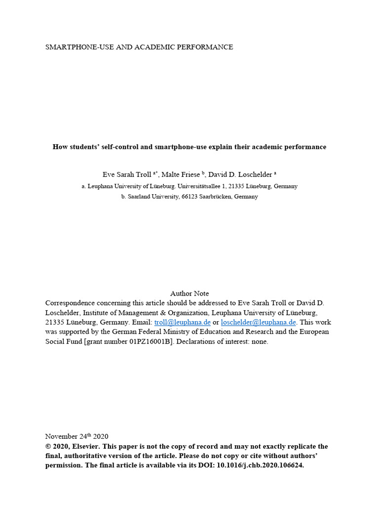 Troll Et Al. Preprint How Students Self Control and Smartphone Use Explain Their Academic ...