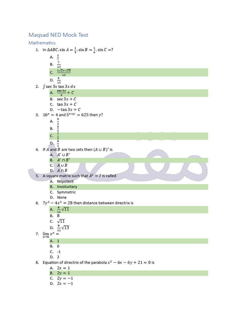 NED Mock Test - Marking Scheme | PDF | Sleep | Insomnia