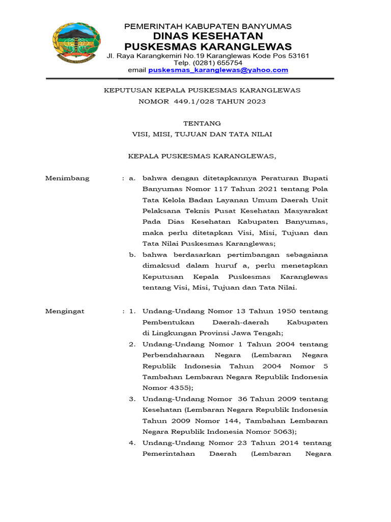 SK Visi Misi Tujuan Dan Tata Nilai | PDF