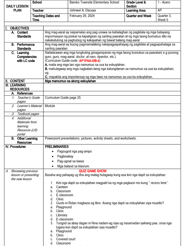 Daily Lesson Plan Science Q1 W7 Demo Landscape | PDF
