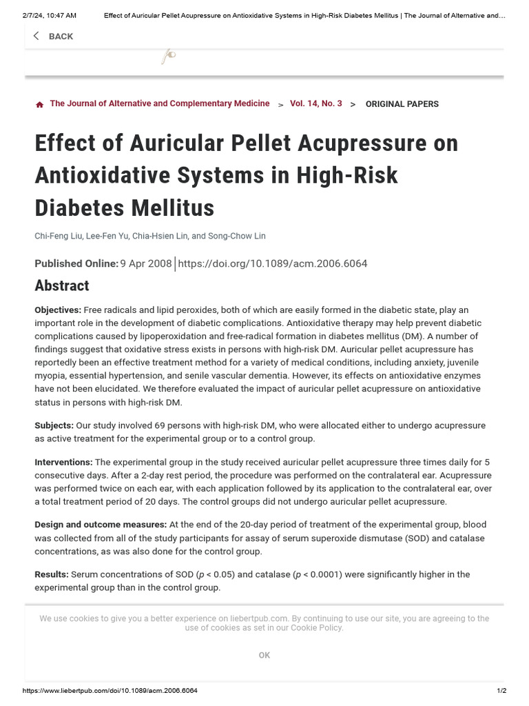 Effect of Auricular Pellet Acupressure On Antioxidative Systems in High ...