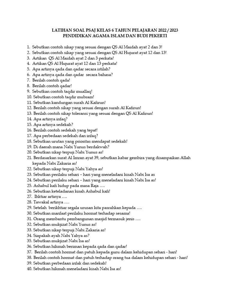 Latihan Soal Psaj Pai Kelas 6 Tahun Pelajaran 2022 | PDF