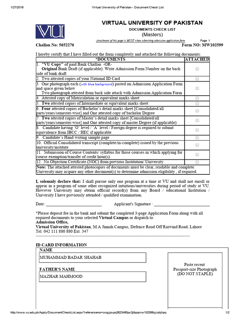 Virtual University of Pakistan - Document Check List - MIT | PDF