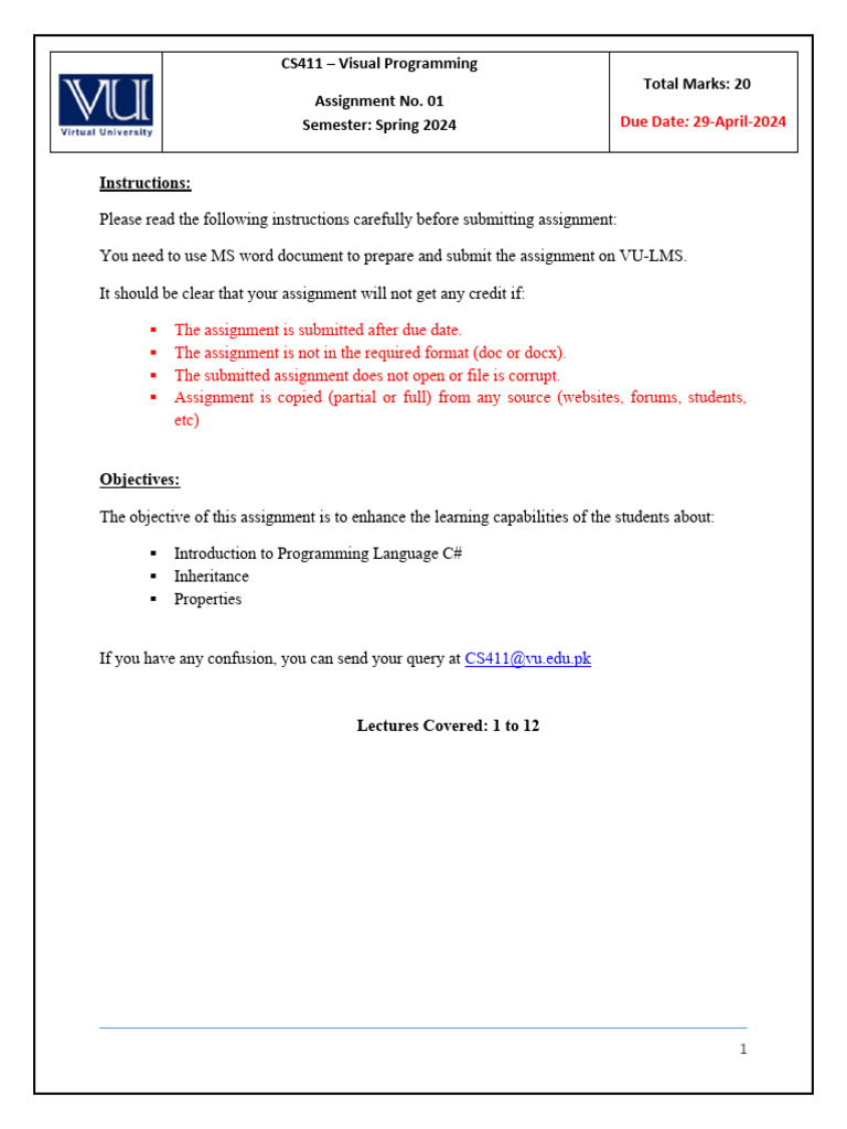 Spring 2024 - CS411 - 1 | PDF | Class (Computer Programming) | C Sharp (Programming Language)