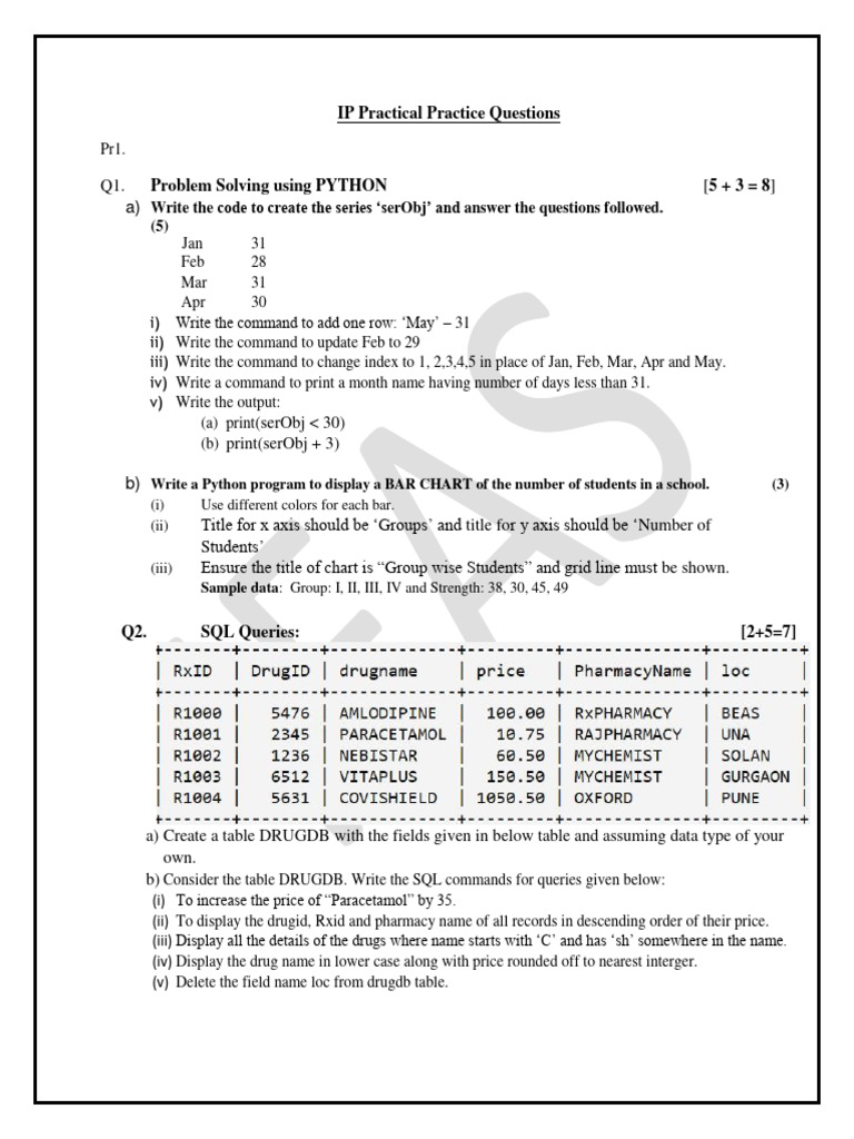 Ip Practice Questions Class 12 | PDF | Sql | Databases