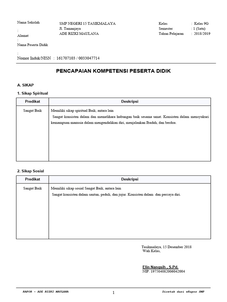 Rapor Kelas 9G 20181 | PDF