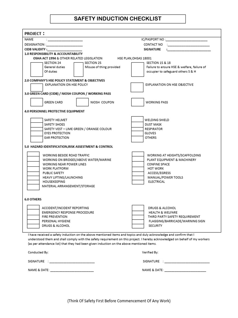 F001-Induction Checklist | PDF | Personal Protective Equipment | Safety