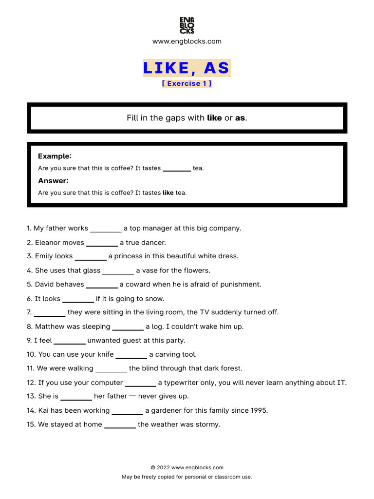Like Vs As Exercise 1 | PDF
