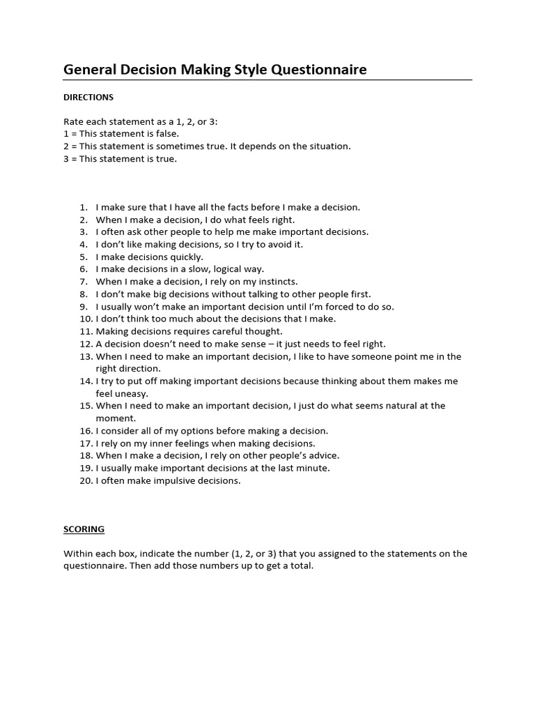 General Decision Making Style Questionnaire | PDF | Decision Making ... General Decision Making Style Questionnaire | PDF | Decision Making ...