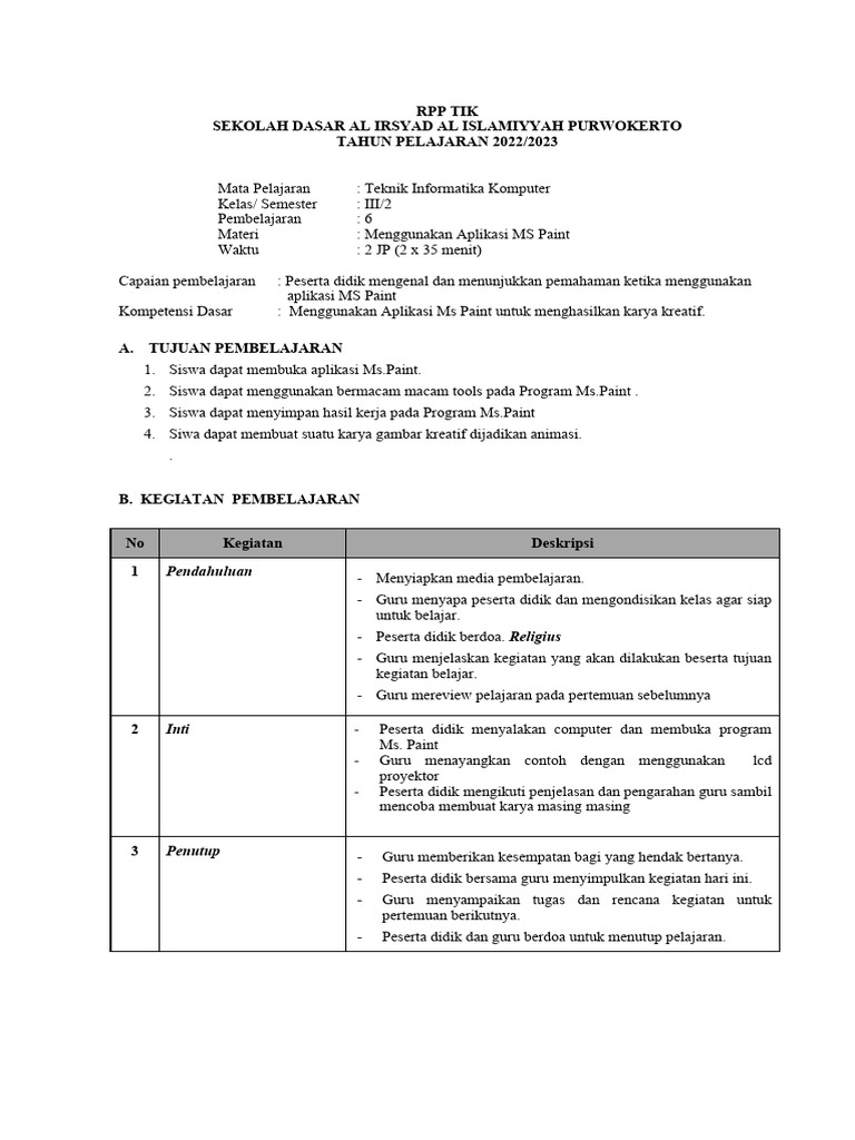 RPP TIK Kelas 3 Pert6 | PDF | Seni