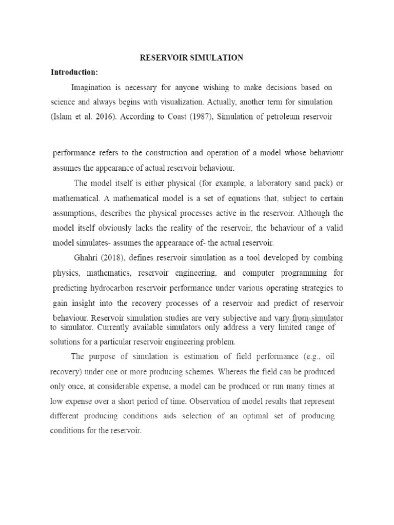 RESERVOIR PERFORMANCE SIMULATION NOTES | PDF