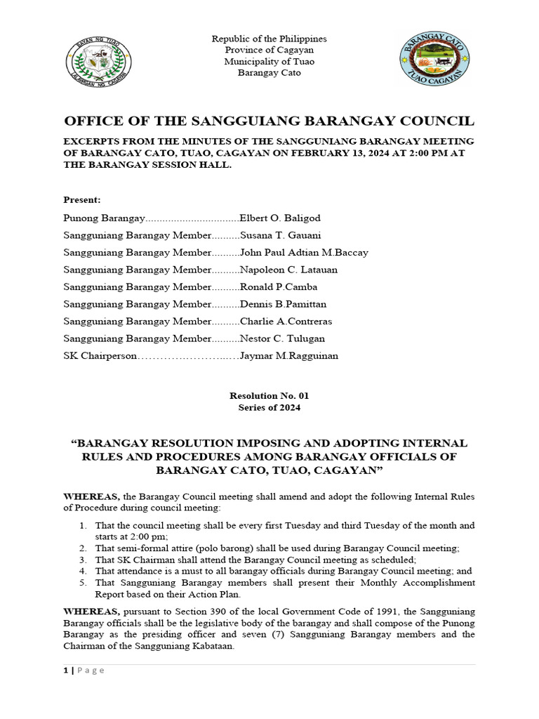 Reso 1 2024 Internal Rules of Procedure | PDF | Quorum | Meetings