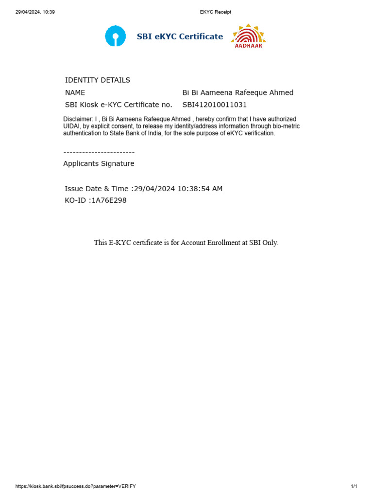 SBI eKYC Certificate | PDF