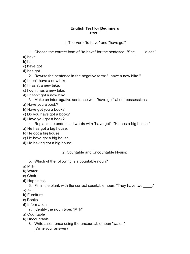 Beginner English Grammar Quiz | PDF | Noun | Adverb