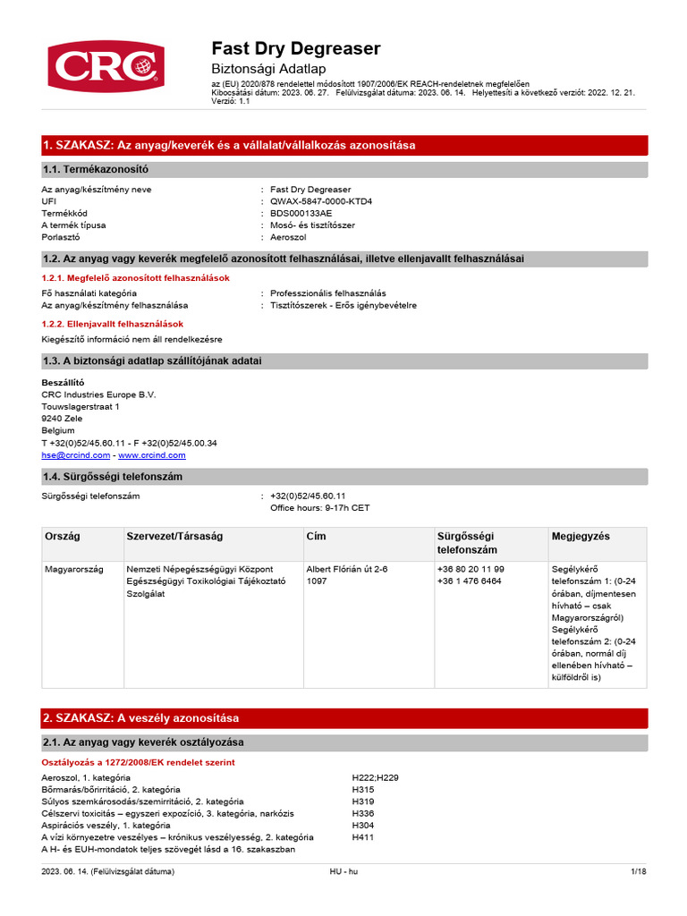 CRC Fast Dry Degreaser Aerosol MSDS (HUN) | PDF