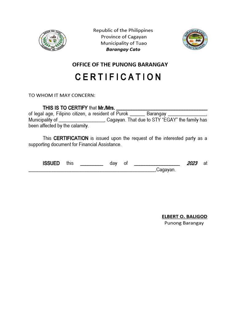 calamity certification | PDF