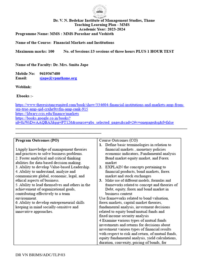 MMS Financial Markets Course Plan 2023-24 | PDF | Bonds (Finance ...