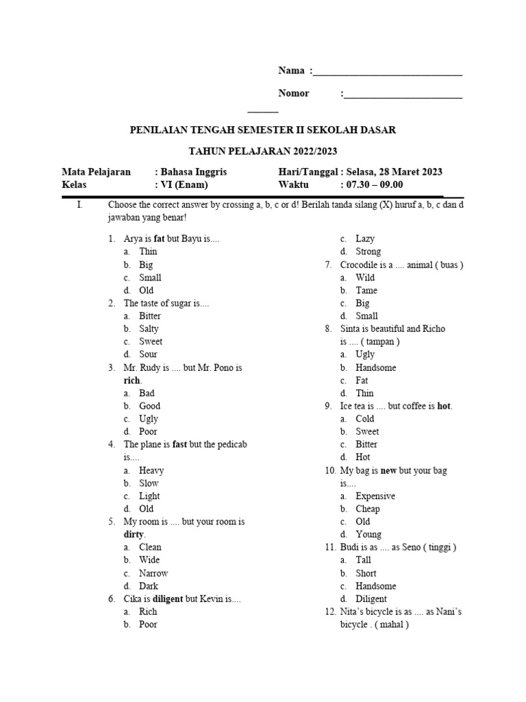 UTS BAHASA INGGRIS KELAS 5 SEMESTER 2 2021-2022 | PDF | Taste | Human Body