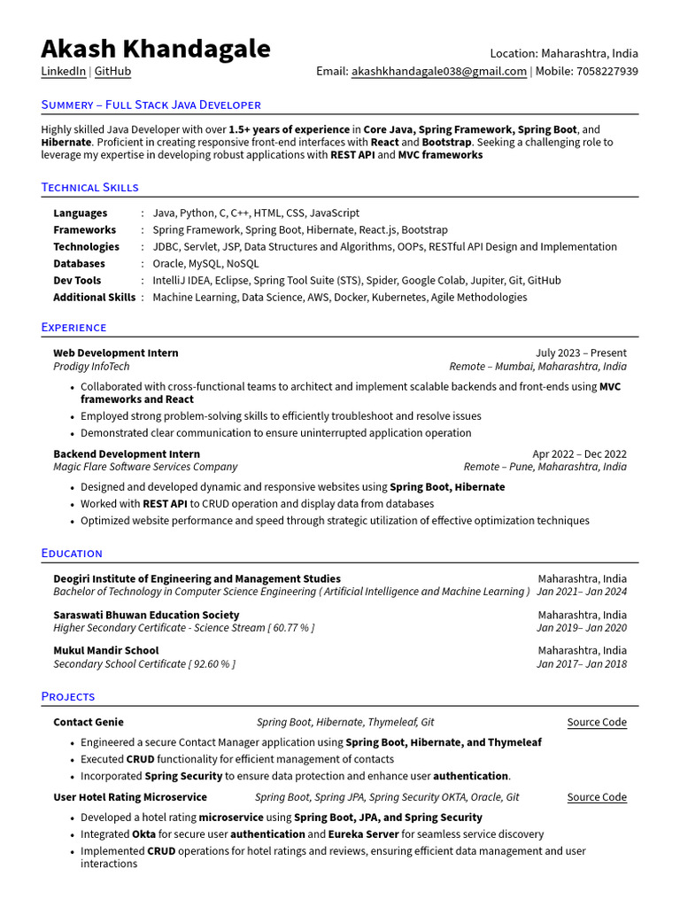 Akash Khandagale JavaDeveloper Resume PDF | PDF | Spring Framework | Java (Programming Language)