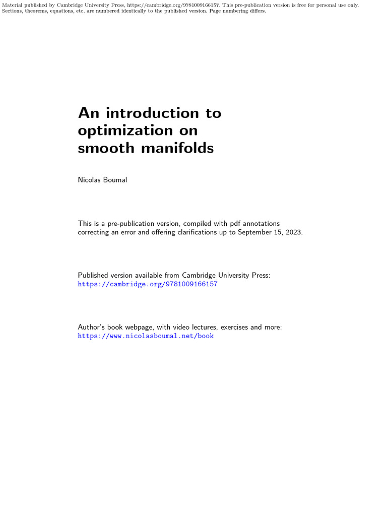 IntroOptimManifolds Boumal 2023 | PDF | Manifold | Gradient