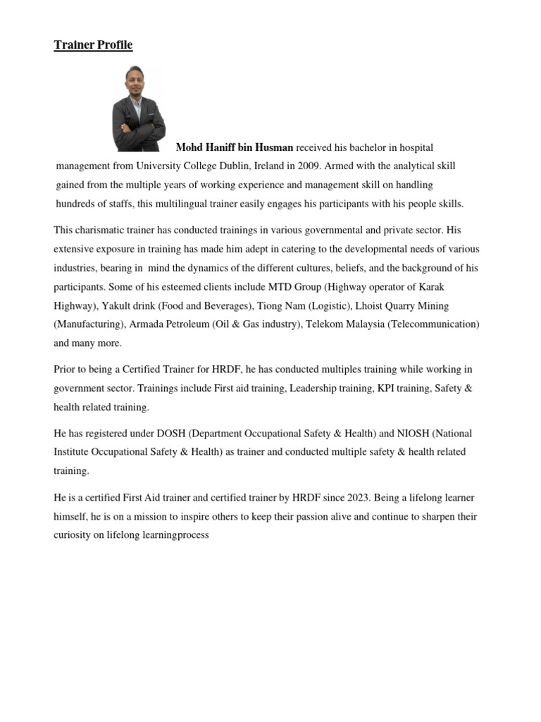 HRDF Certified Trainer Profile: Mohd Haniff | PDF | Career & Growth ...