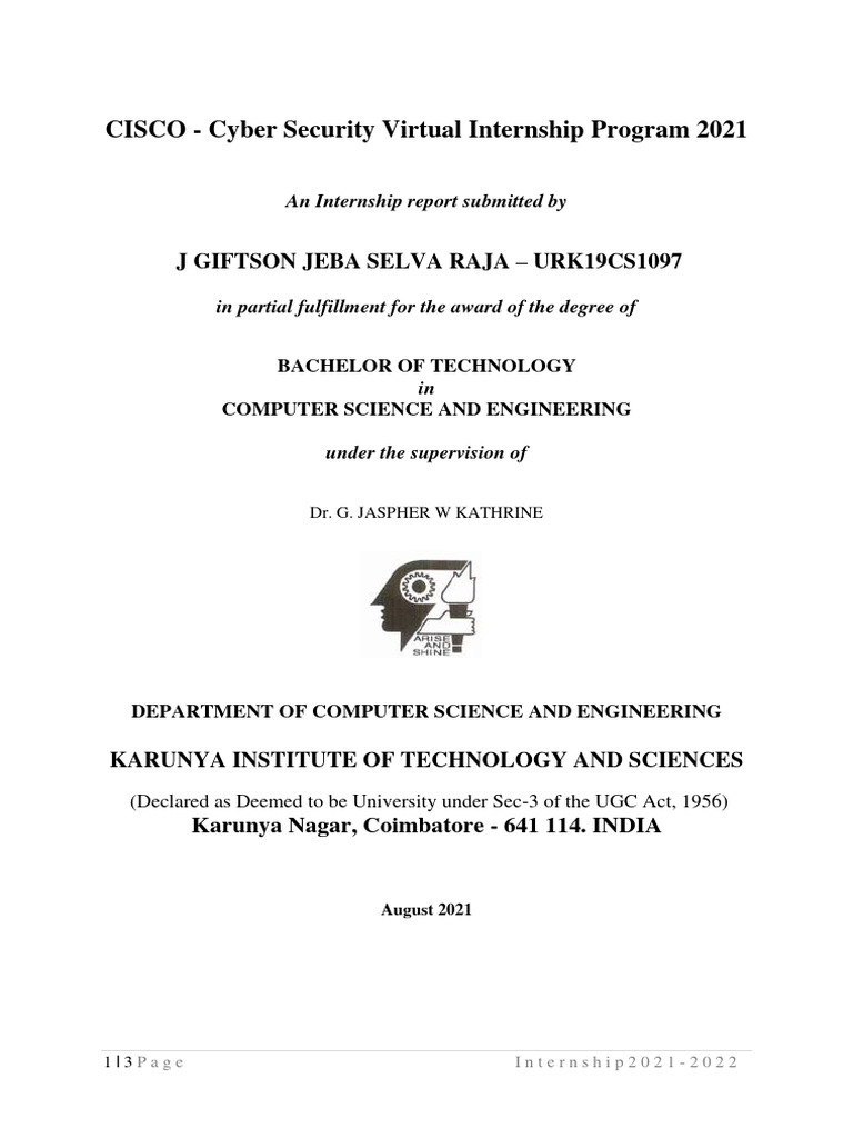 CISCO - Cyber Security Virtual Internship Program 2021: J Giftson Jeba Selva Raja - Urk19Cs1097 ...