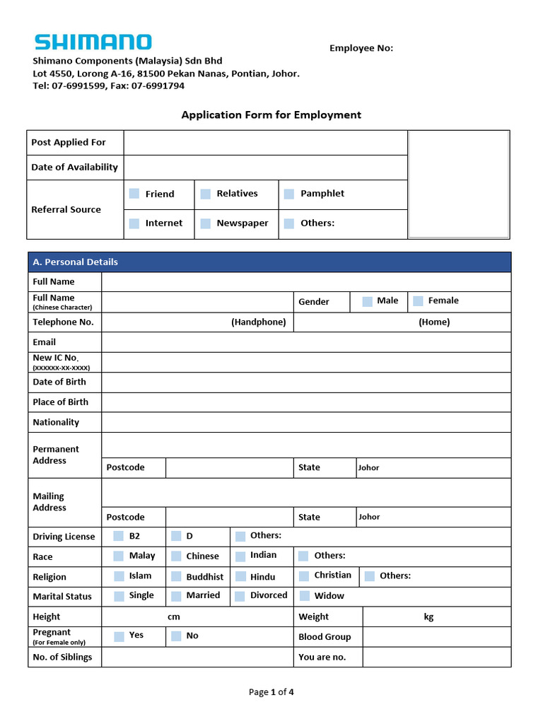 Job-Application-Form-Shimano-Components-Malaysia-Sdn-Bhd | PDF | Employment