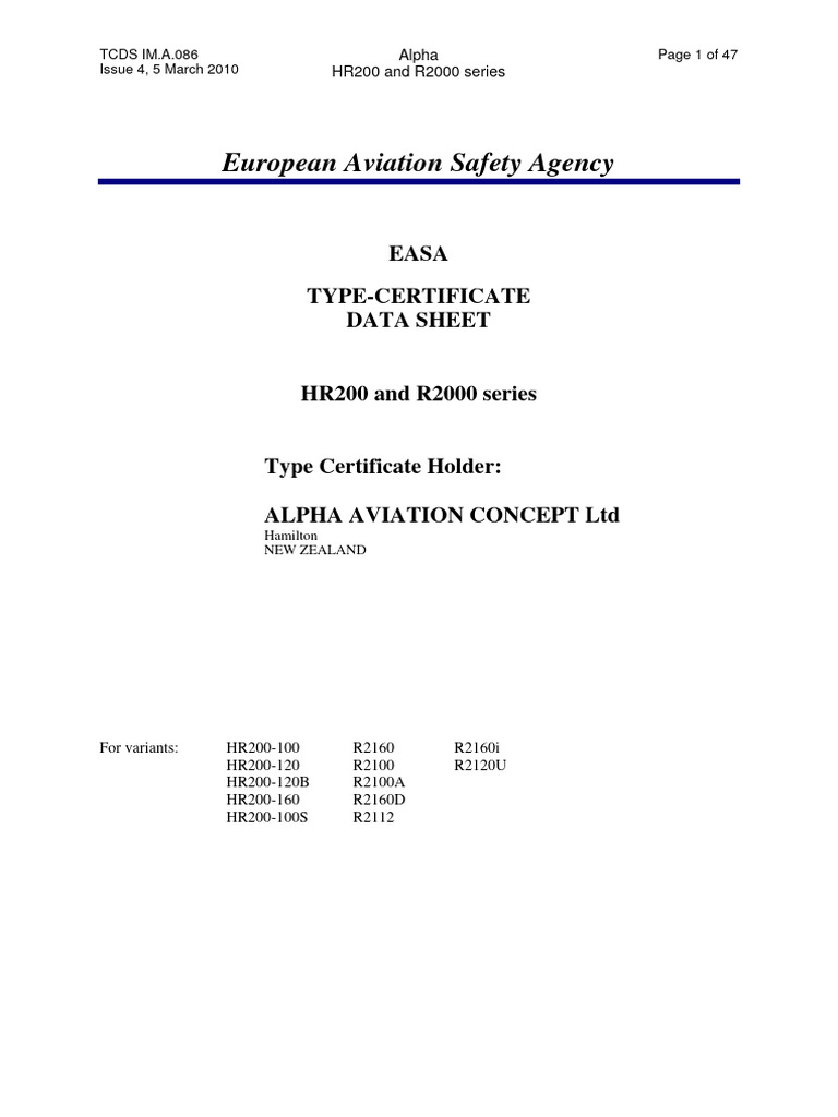 EASA-TCDS-A.086 (IM) HR200 and R2000 Series-04-05032010 | PDF | Flight ...