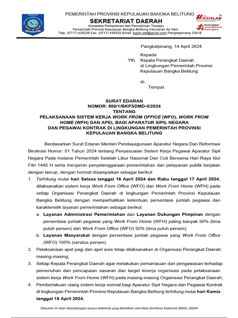 Pelaksanaan Sistem Kerja WFH Dan WFO Bagi ASN Dan Pegawai Kontrak Di Lingkungan Pemprov Babel | PDF