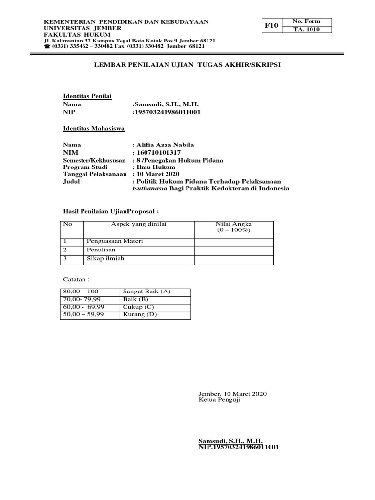 F10 Form. Penilaian Ujian Skripsi | PDF