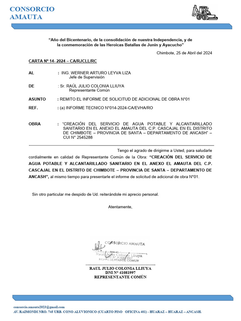 CARTA N°14 - SOLICITUD DE ADICIONAL DE OBRA | PDF