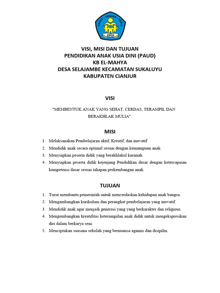 Visi Misi Dan Tujuan Paud | PDF | Kesehatan Holistik