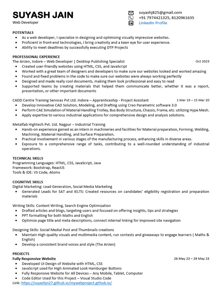 CV - SUYASH JAIN | PDF | Websites | World Wide Web