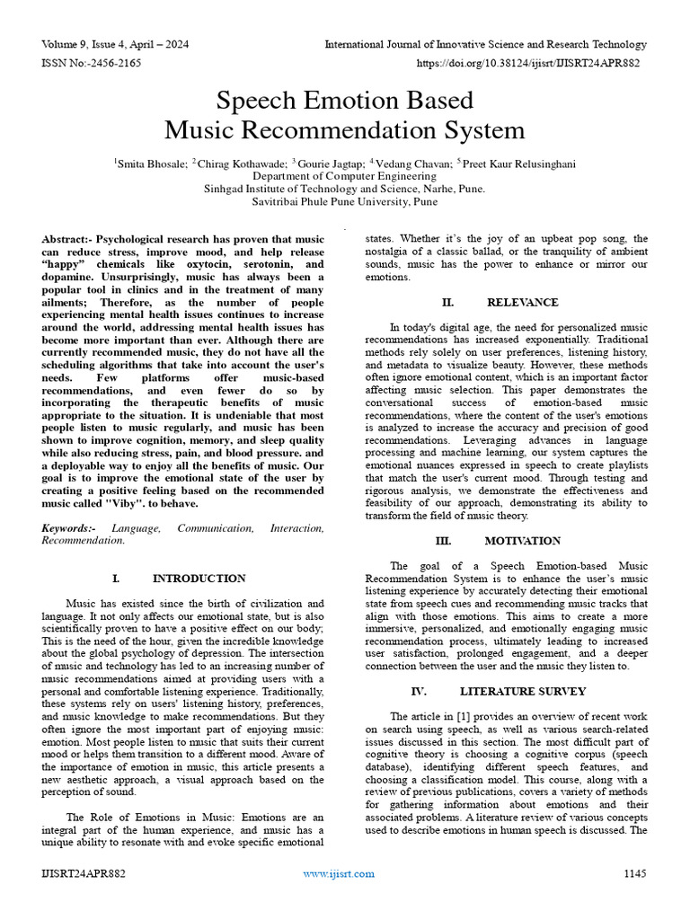Speech Emotion Based Music Recommendation System | PDF | Deep Learning | Speech Recognition