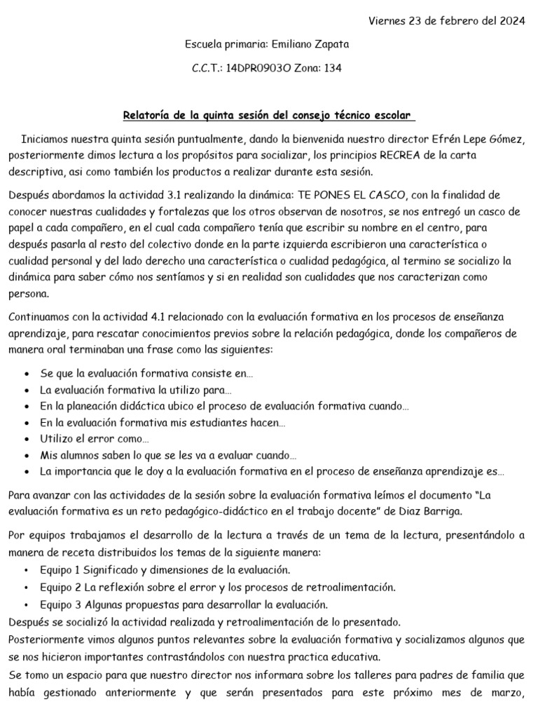 Relatoria 5° Sesion CTE Febrero 2024 | Descargar gratis PDF ...