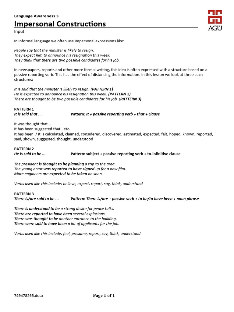 LA 3 Impersonal Constructions Input | PDF