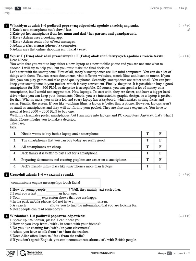 Unit 1 Standard Test Test (Z Widoczną Punktacją) | PDF | Smartphone ...