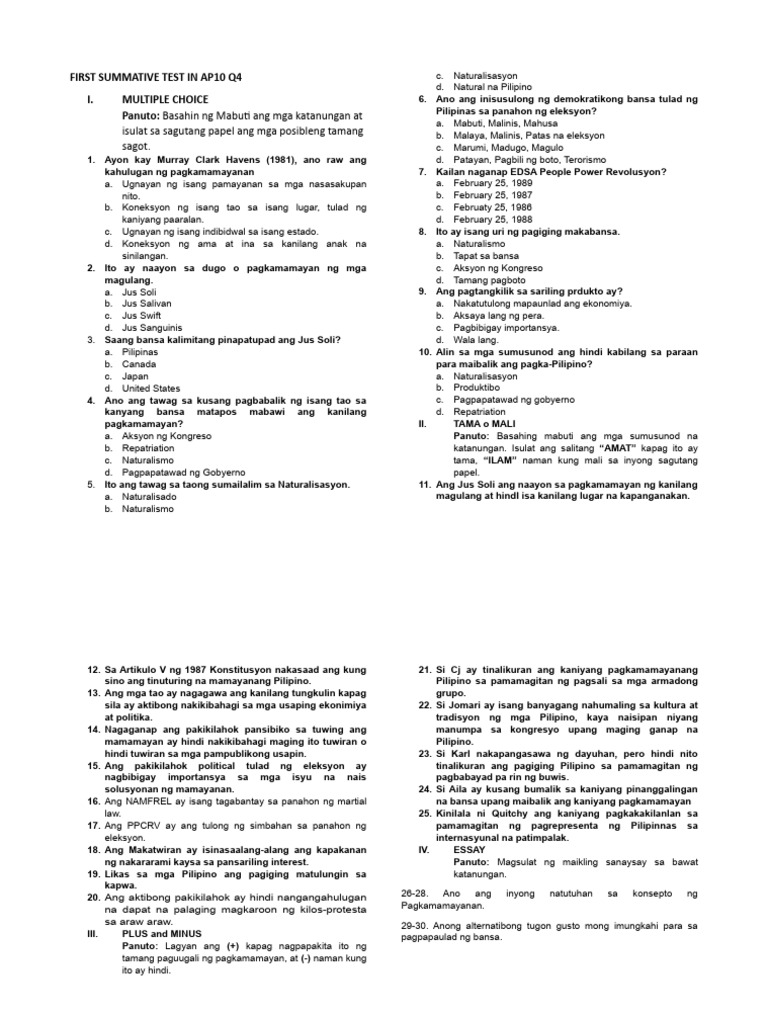 First Summative Test in Ap10 Q4 | PDF