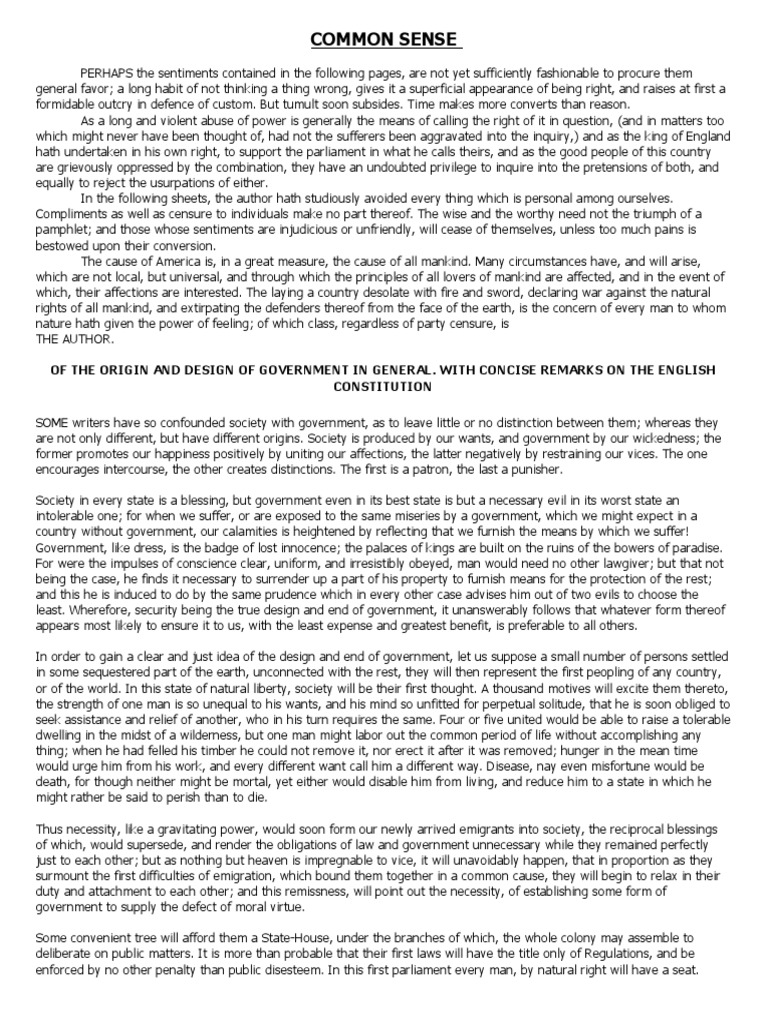 Common Sense: of The Origin and Design of Government in General. With ...