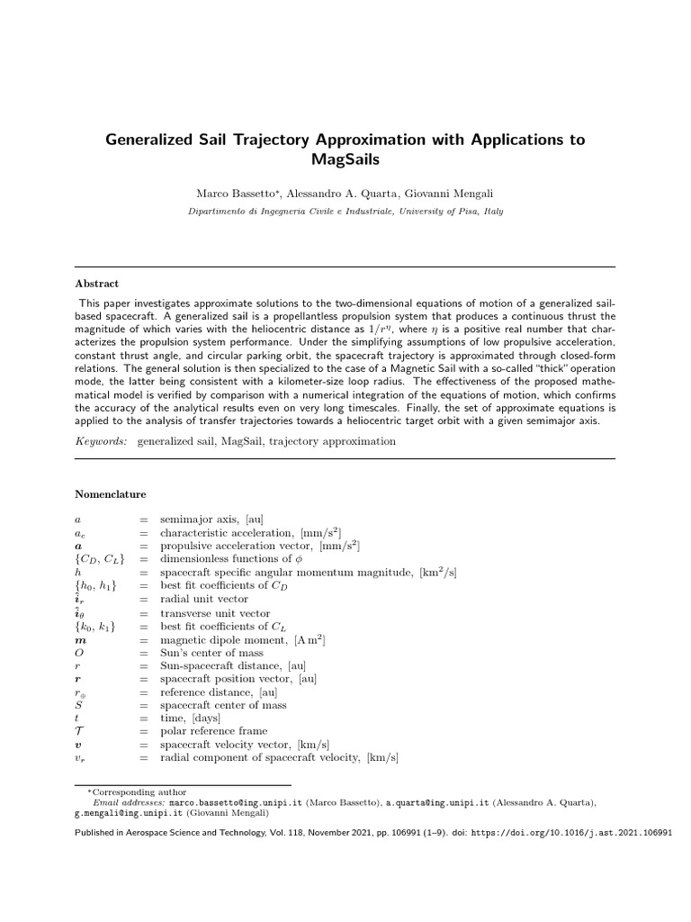 Generalized Sail Trajectory Analysis | PDF | Spacecraft Propulsion | Orbit