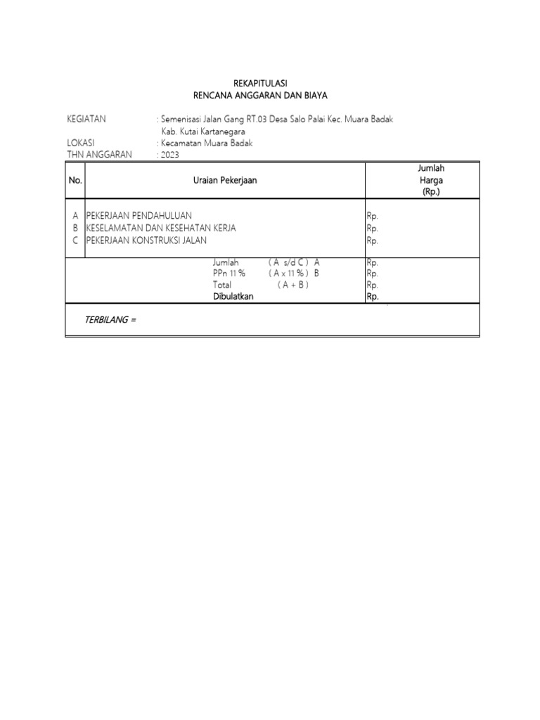 BOQ Semenisasi Jalan RT. 03 Salo Palai | PDF